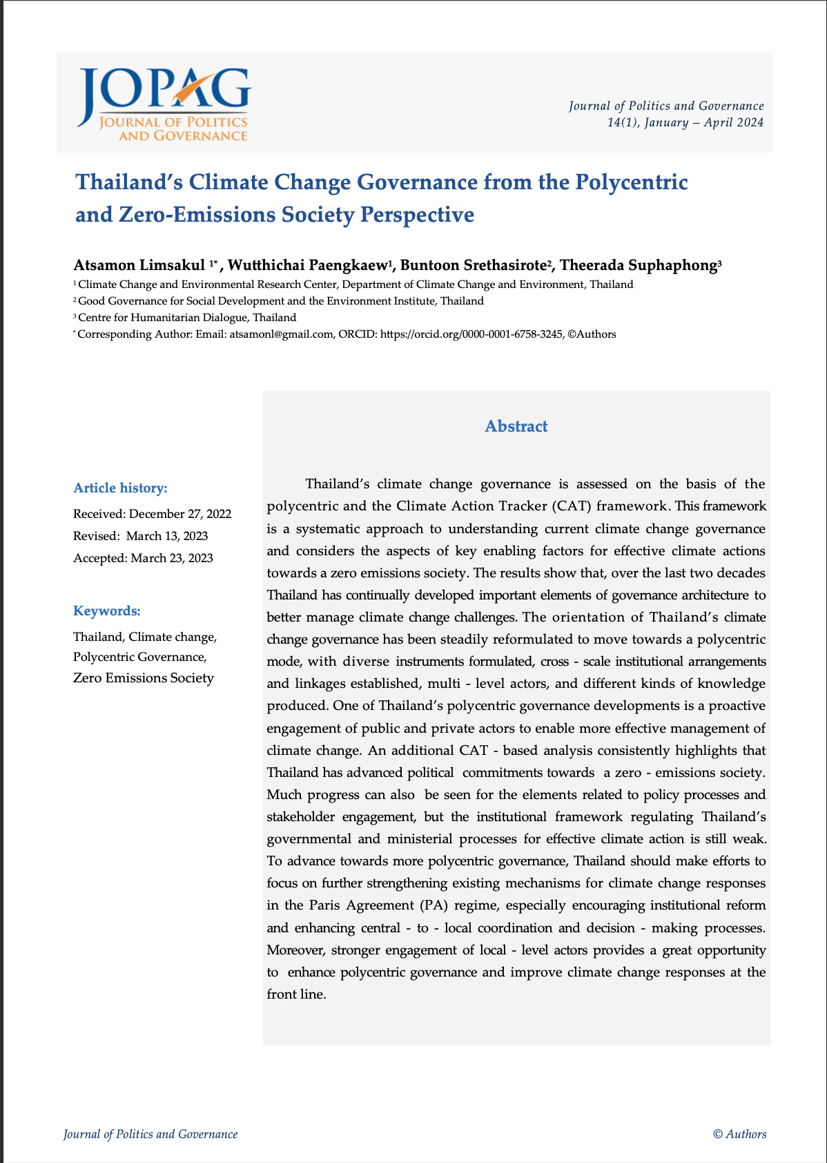 Thailand’s climate change governance from the polycentric and zero ...